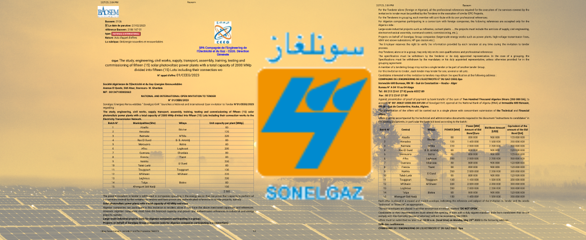 Production de 2000 MW d’électricité solaire : Sonelgaz lance un avis d’appel d’offre national et ...